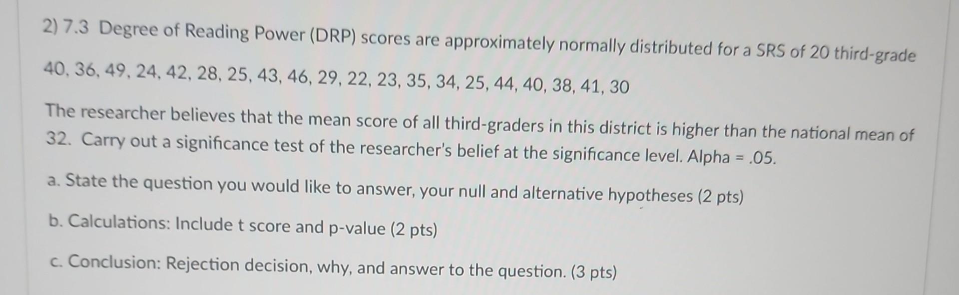 Solved 2) 7.3 Degree of Reading Power (DRP) scores are | Chegg.com