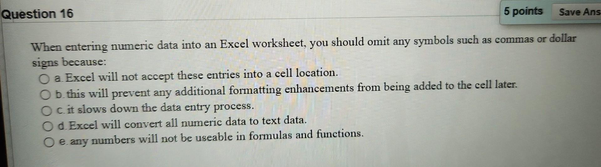 Solved When entering numeric data into an Excel worksheet, | Chegg.com
