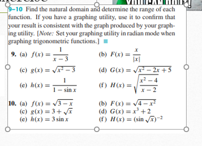 Solved 9-10 ﻿Find the natural domain and determine the range | Chegg.com