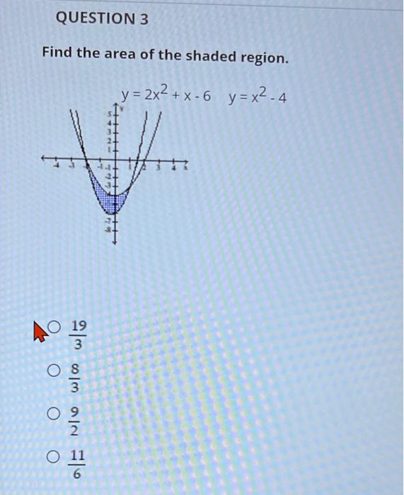 Solved Find the area of the shaded region. y=2x2+x−6y=x2−4 | Chegg.com