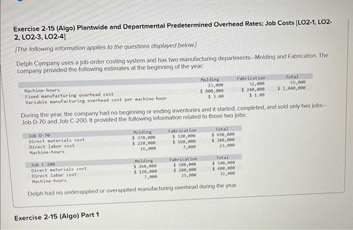 Solved Exercise 2-15 (Algo) Plantwide and Departmental | Chegg.com