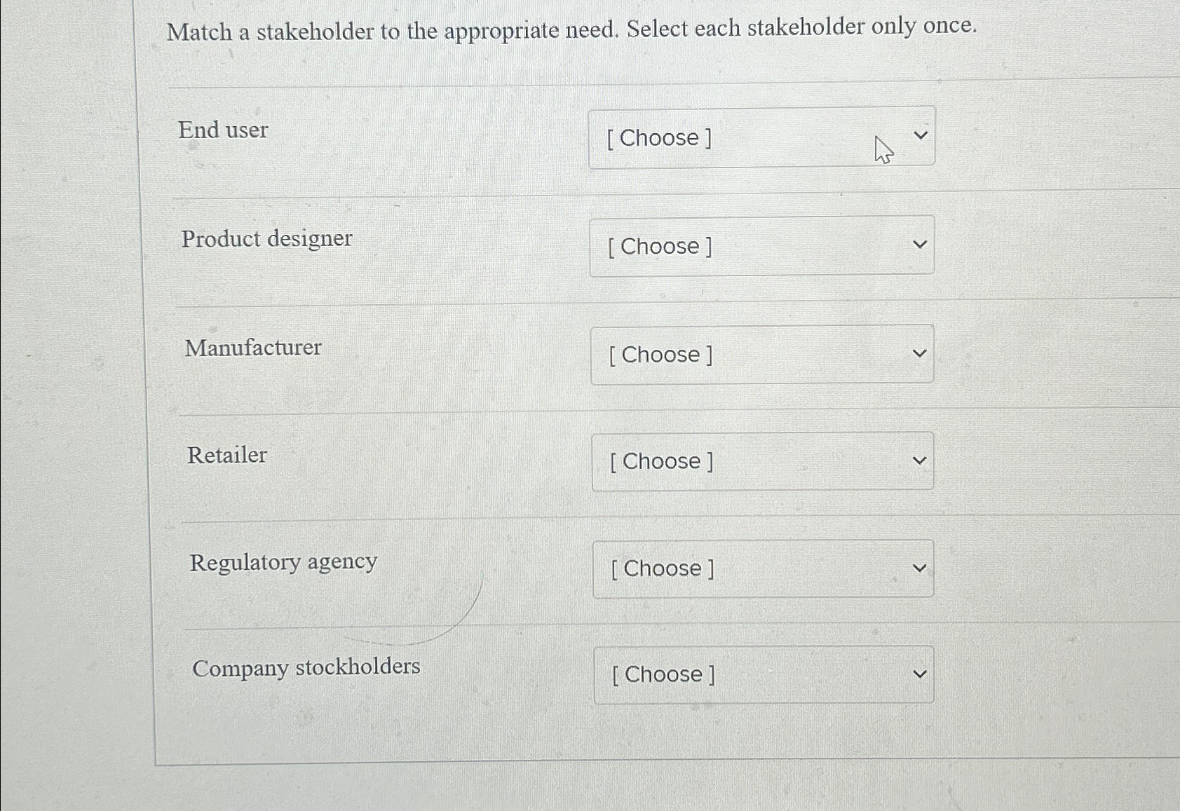 Solved Match a stakeholder to the appropriate need. Select | Chegg.com