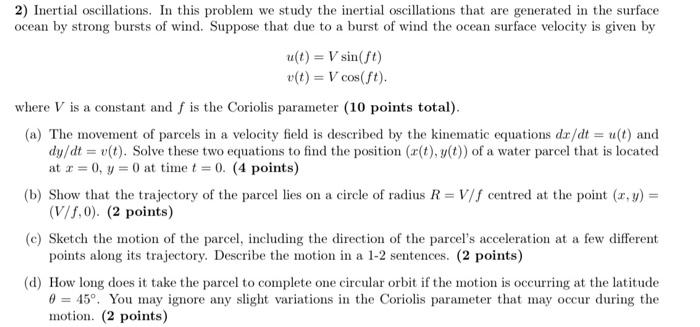 2) Inertial oscillations. In this problem we study | Chegg.com