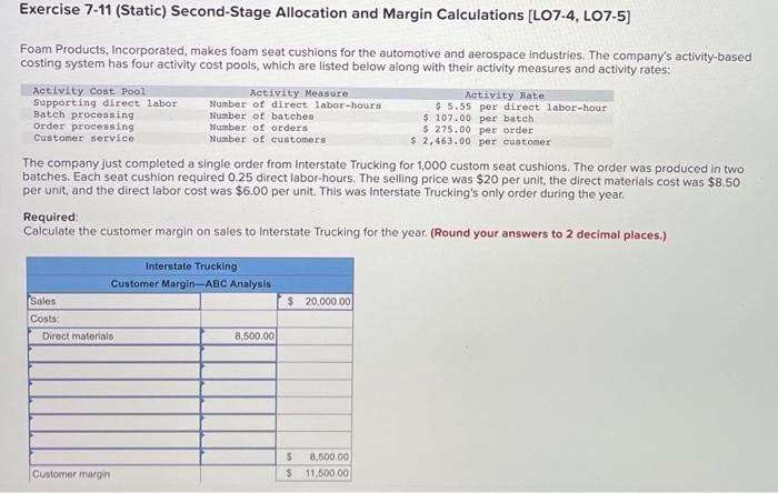 Solved Exercise 7-11 (Static) Second-Stage Allocation and | Chegg.com