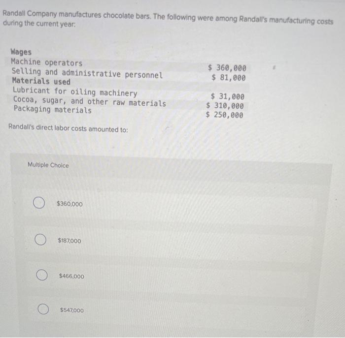 Solved Randall Company manufactures chocolate bars. The | Chegg.com