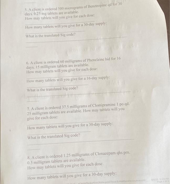 Solved 5. A client is ordered 500 micrograms of Benztropine | Chegg.com