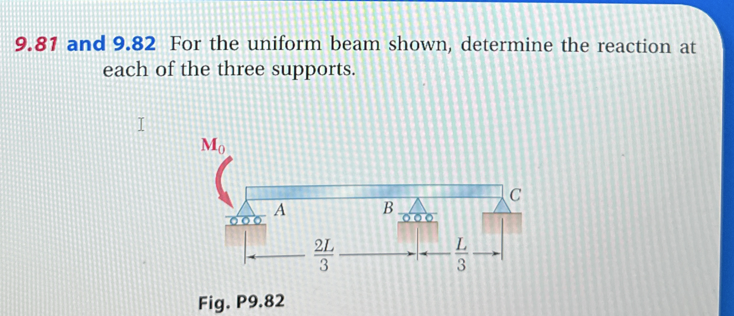 [Solved]: 9.81 and 9.82 For the uniform beam shown, determin