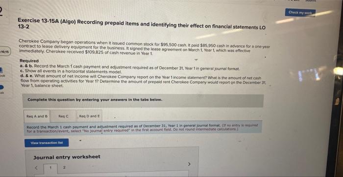 Solved Exercise 13-15A (Algo) Recording prepaid items and | Chegg.com