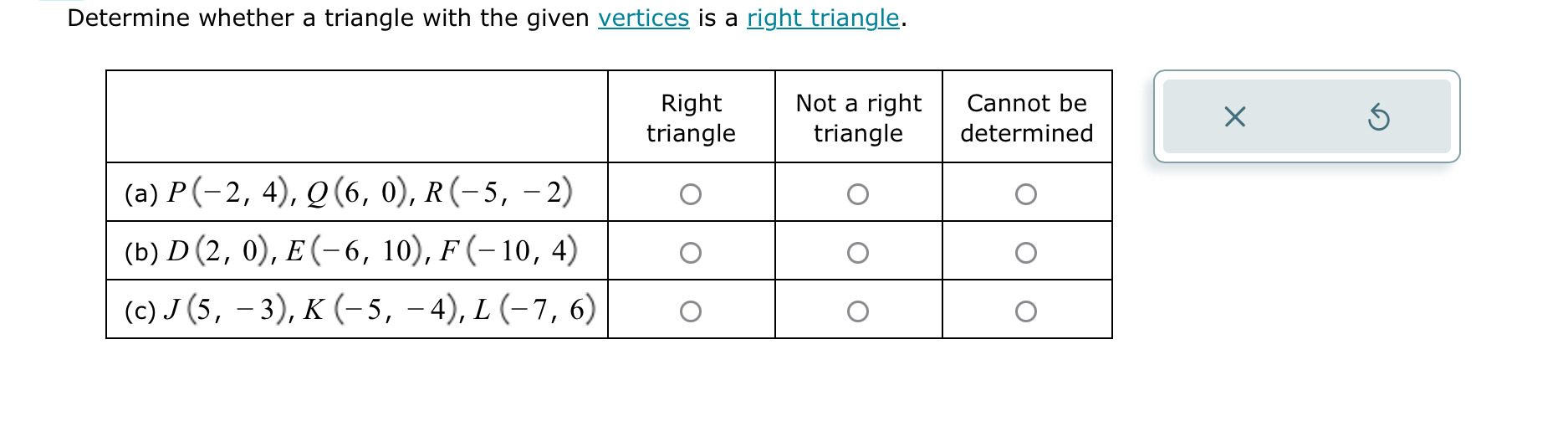 Determine whether a triangle with the given vertices | Chegg.com