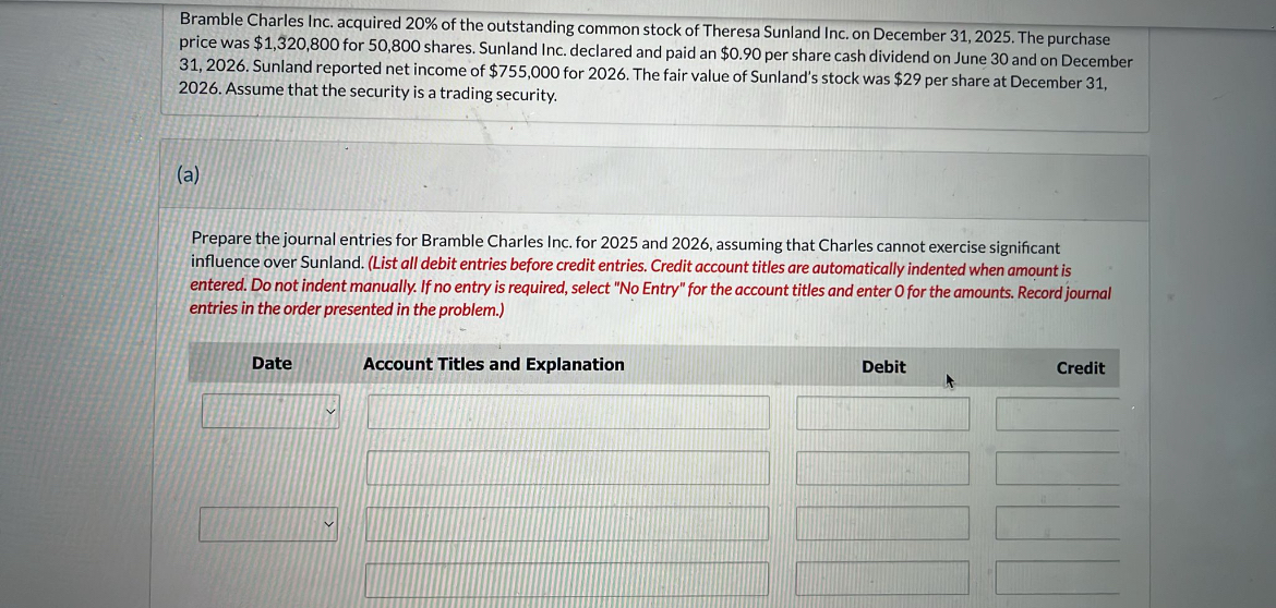 Solved Bramble Charles Inc. acquired 20% ﻿of the outstanding | Chegg.com