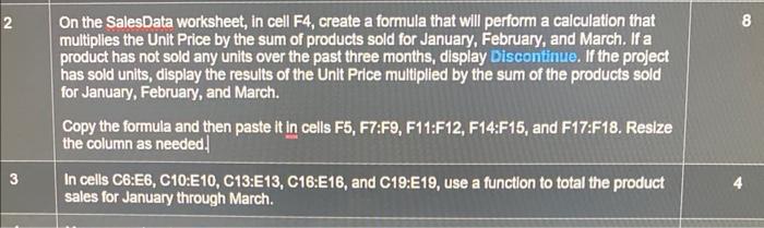 Solved On the SalesData worksheet, in cell F4, create a | Chegg.com
