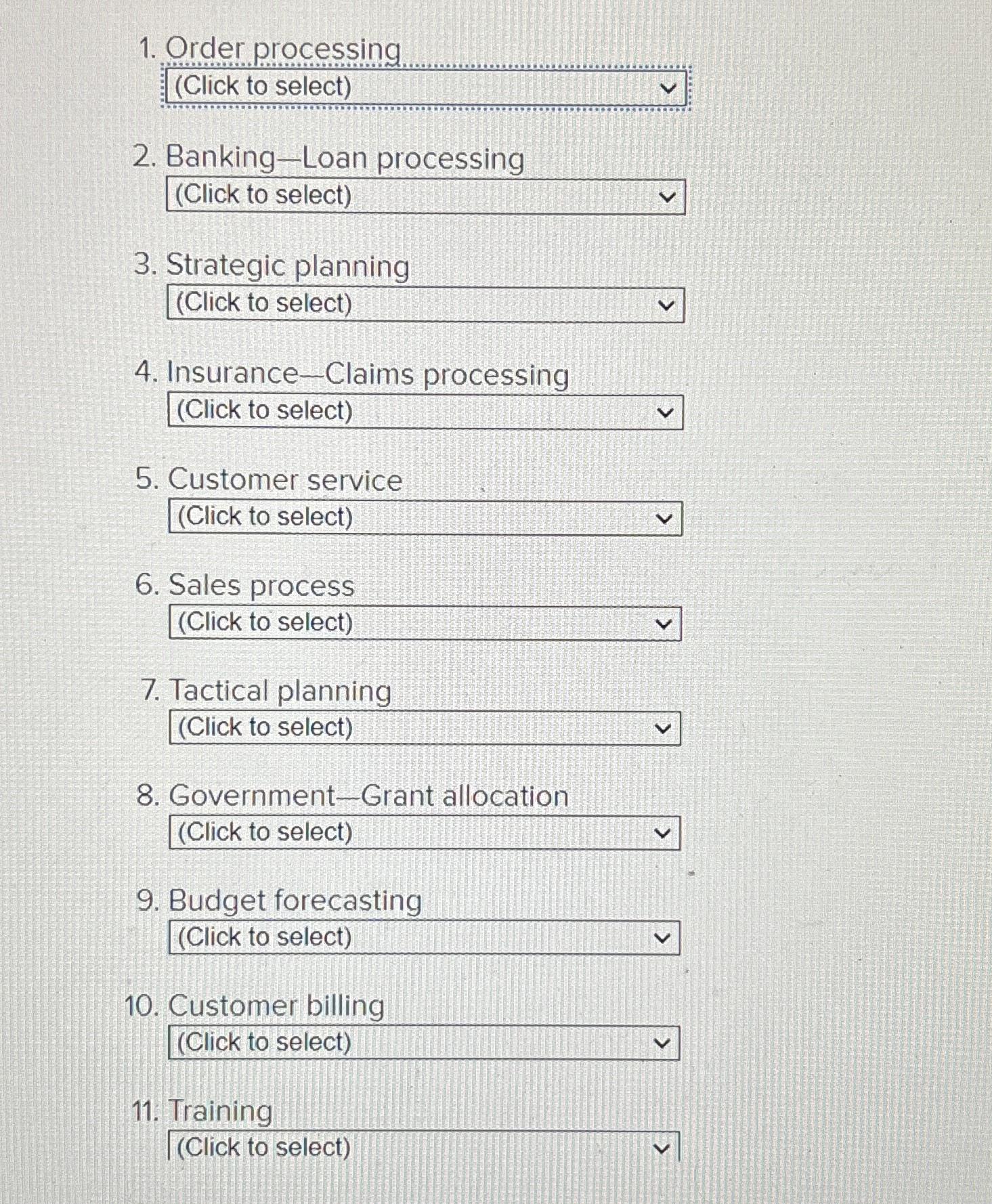 Solved Order processingBanking-Loan processingStraegic | Chegg.com