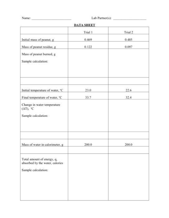 Solved Name: Lab Partneris): DATA SHEET Trial Trial 2 0469 | Chegg.com