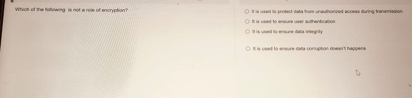 Solved Which of the following is not a role of encryption?It | Chegg.com