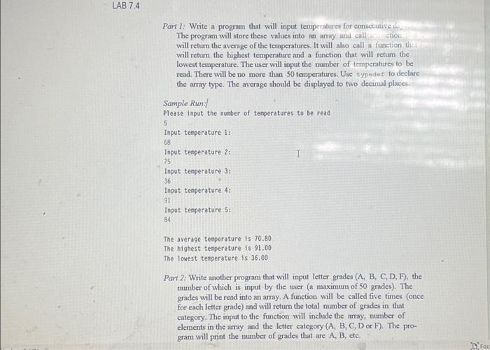 Solved LAB 7.4 Part 1: Write a program that will input | Chegg.com