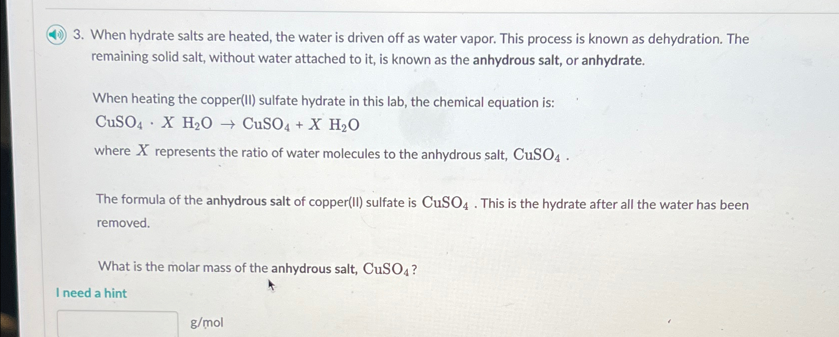 Solved When hydrate salts are heated, the water is driven | Chegg.com