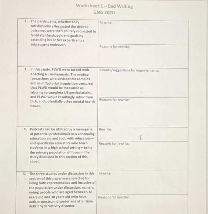 Worksheet 1-Bad Writing ENG 2020 | Chegg.com
