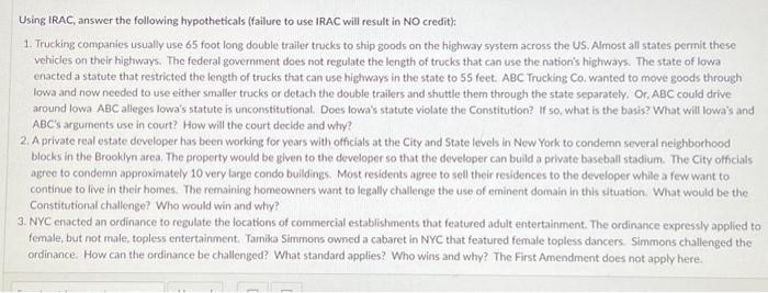 Solved Using IRAC, answer the following hypotheticals | Chegg.com