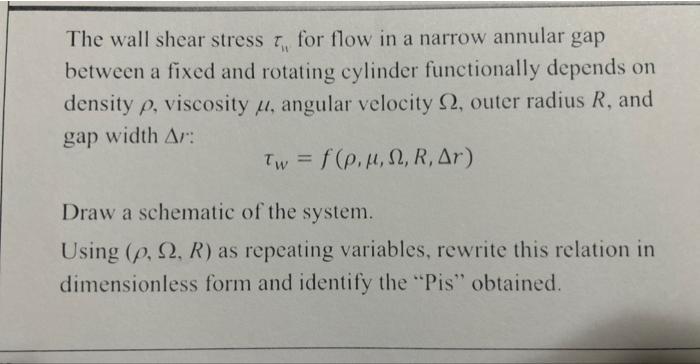Solved The wall shear stress τn for flow in a narrow annular | Chegg.com