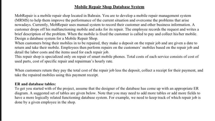 Solved Mobile Repair Shop Database System MobRepair is a | Chegg.com