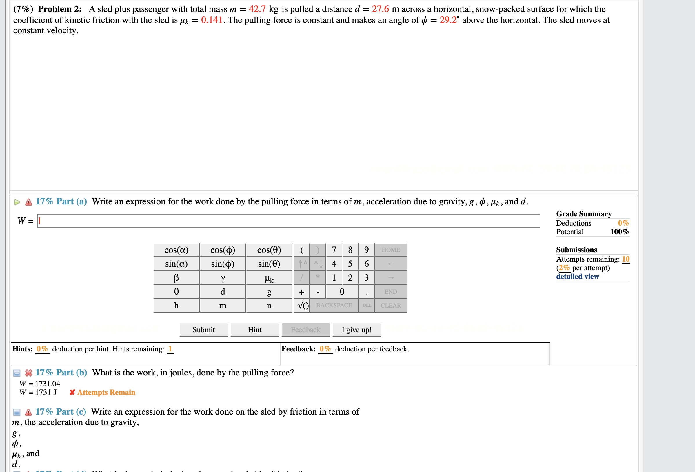 Solved (7%) ﻿Problem 2: A sled plus passenger with total | Chegg.com