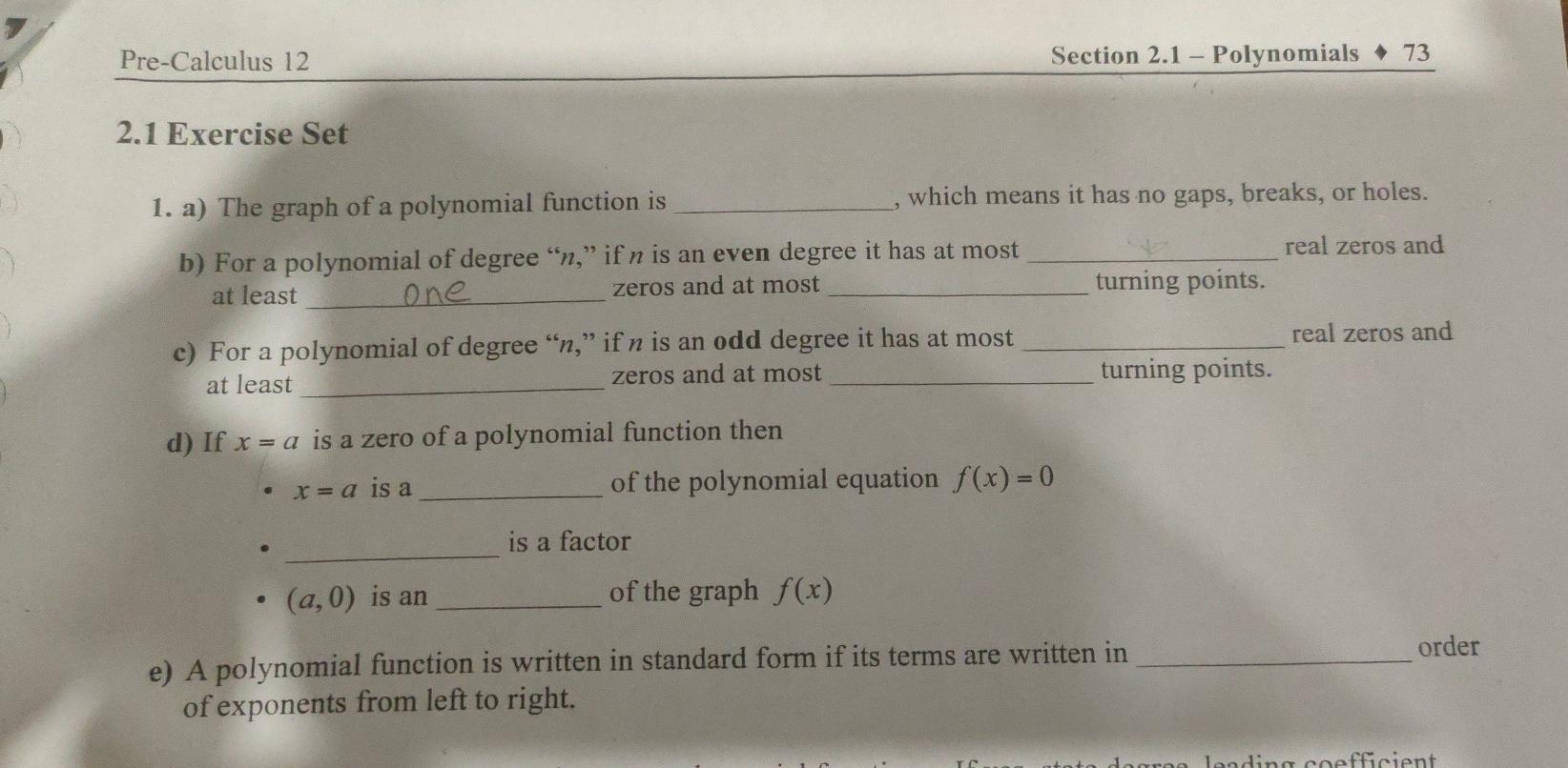 Solved Pre-Calculus 12 Section 2.1 – Polynomials 73 2.1 | Chegg.com