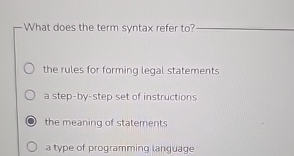 Solved What does the term syntax refer to? q,the rules for | Chegg.com