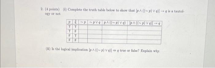 Solved 2. (4 points) (i) Complete the truth table below to | Chegg.com