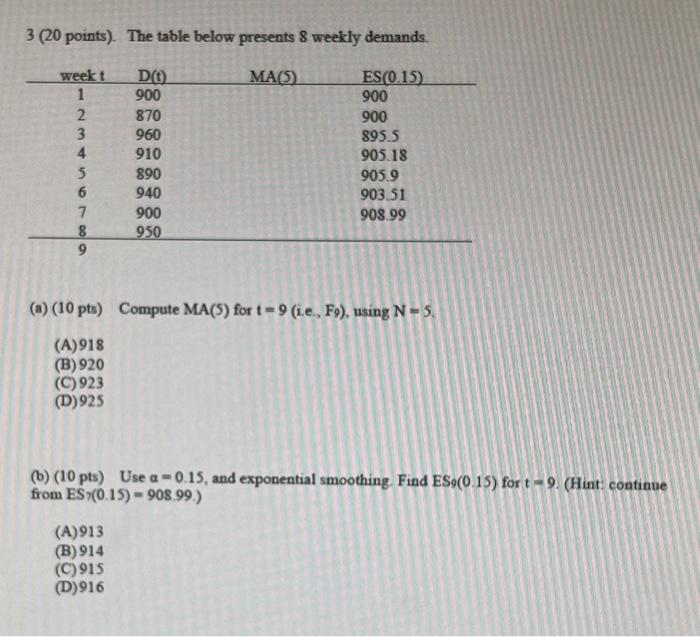 Solved 3 (20 points). The table below presents 8 weekly | Chegg.com