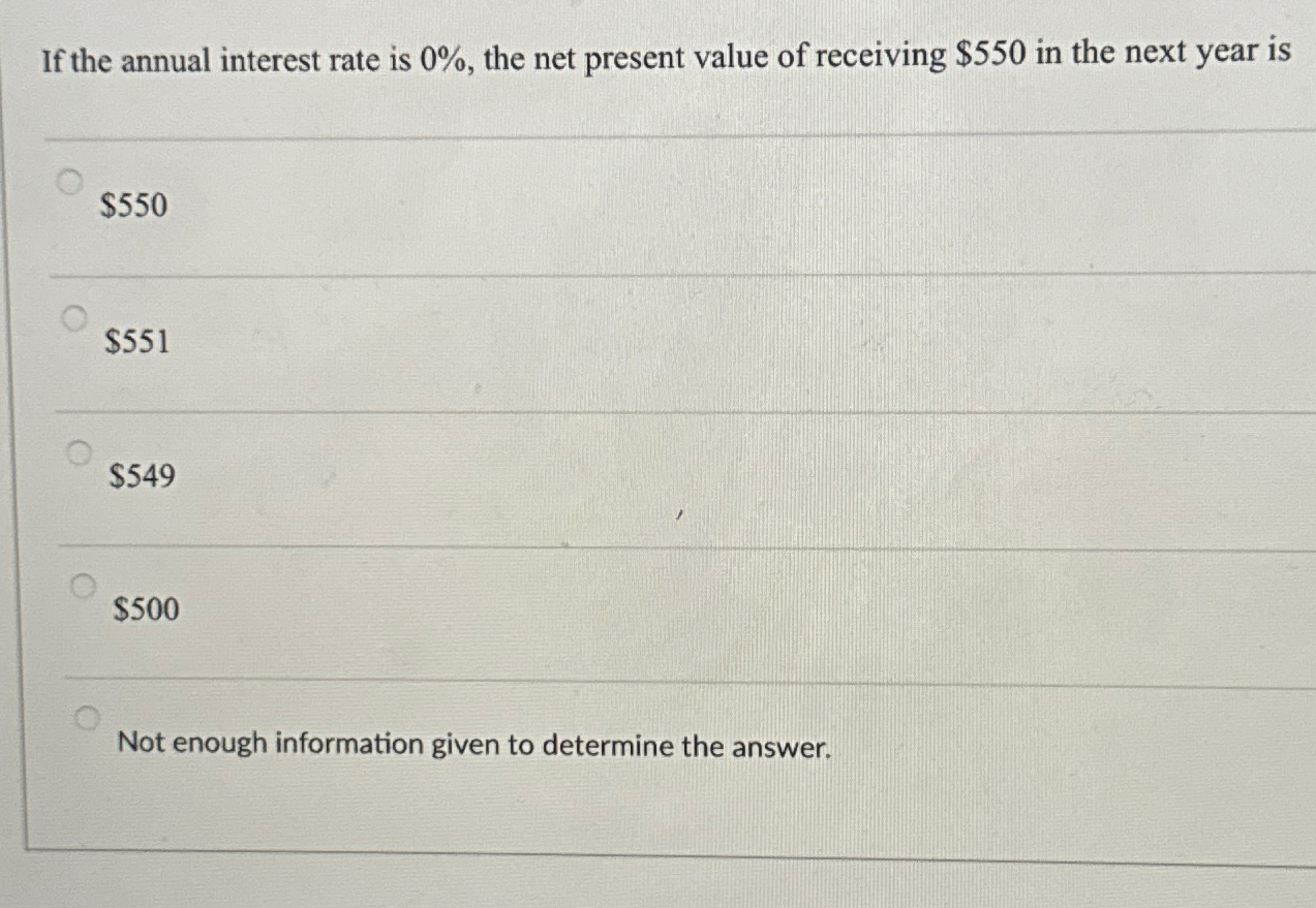 Solved If the annual interest rate is 0%, ﻿the net present | Chegg.com
