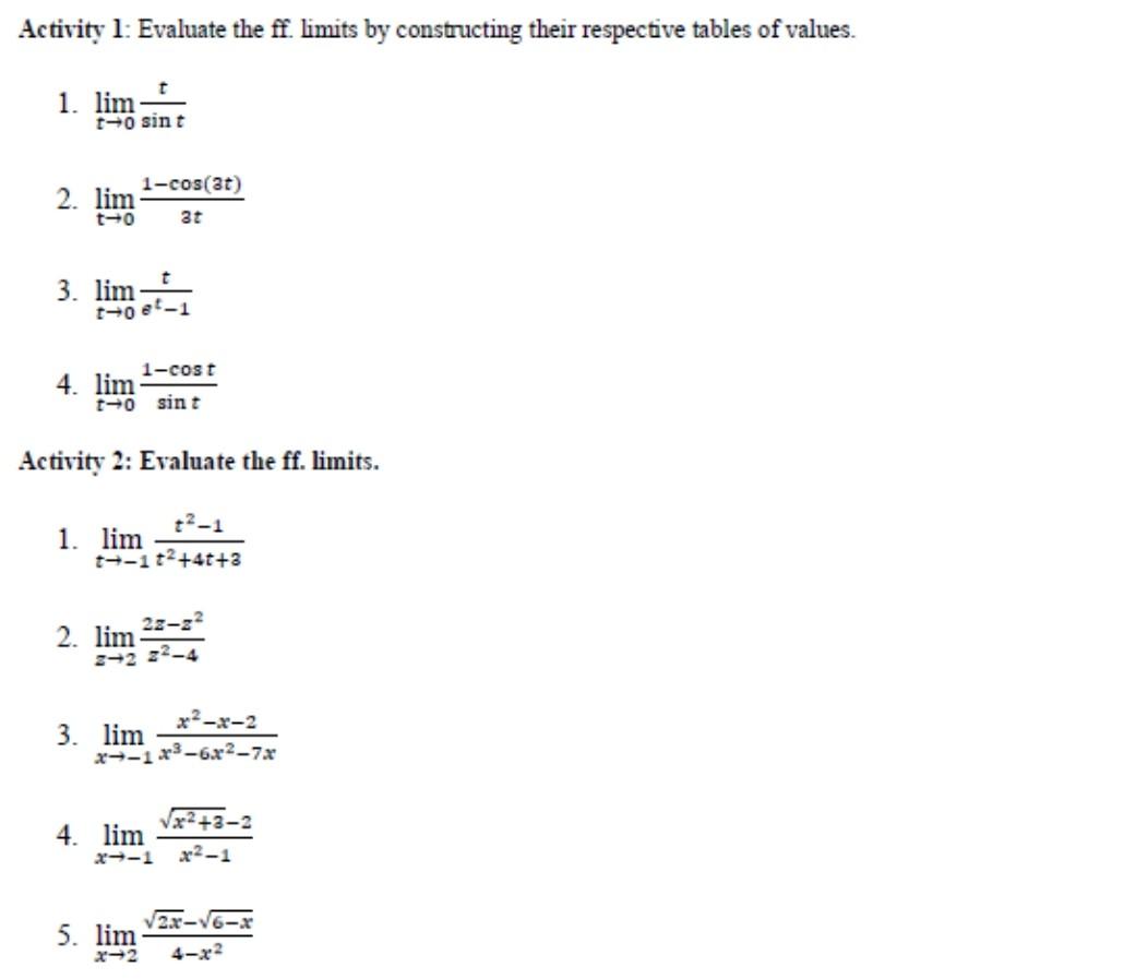 Solved Activity 1: Evaluate the ff. limits by constructing | Chegg.com