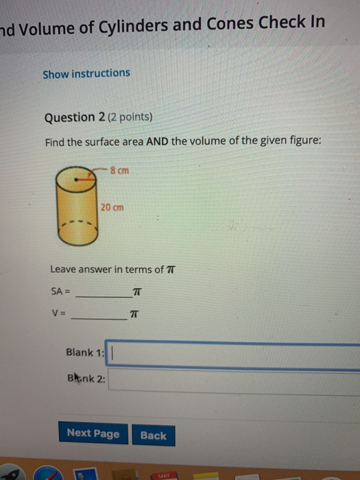 Solved nd Volume of Cylinders and Cones Check In Show | Chegg.com