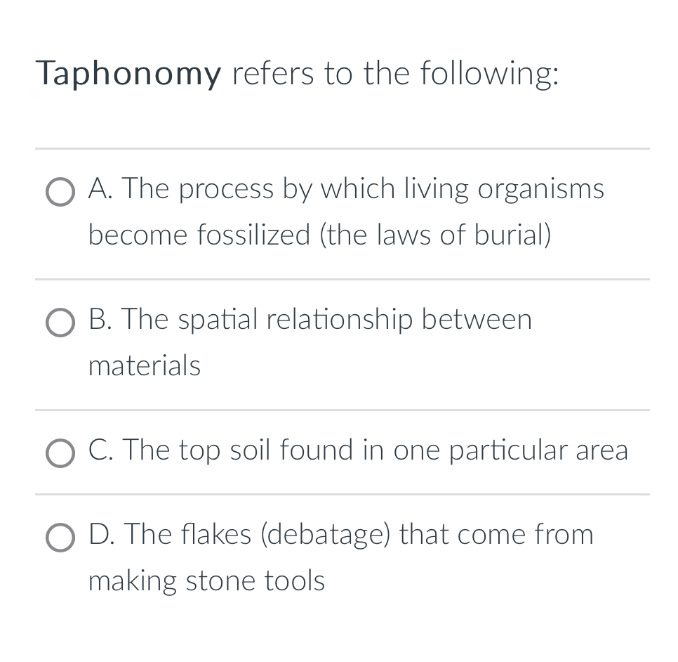 Solved Taphonomy refers to the following:A. ﻿The process by | Chegg.com