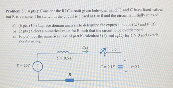 Solved Problem 3 (14 pts.): Consider the RLC circuit given | Chegg.com