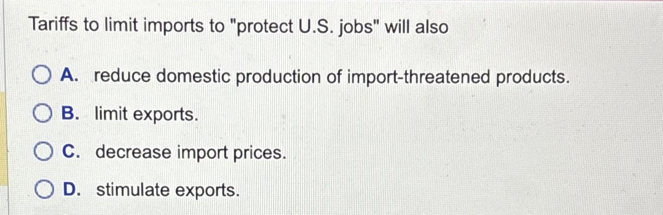 Solved Tariffs to limit imports to "protect U.S. ﻿jobs" will | Chegg.com