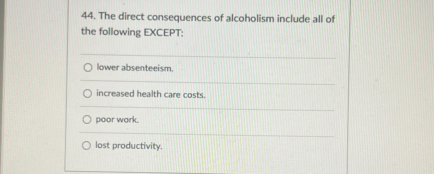 Solved The direct consequences of alcoholism include all of | Chegg.com