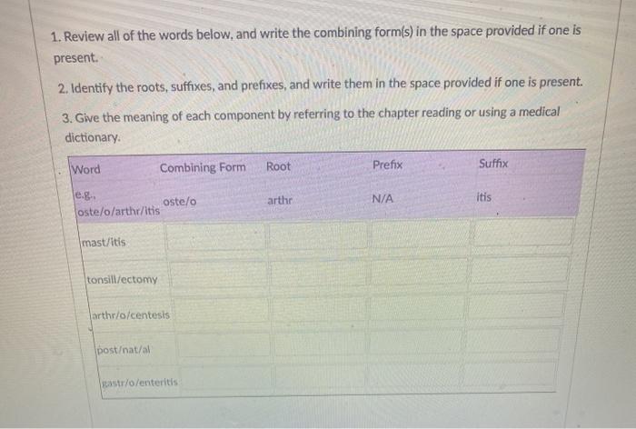 Solved 1. Review all of the words below, and write the | Chegg.com