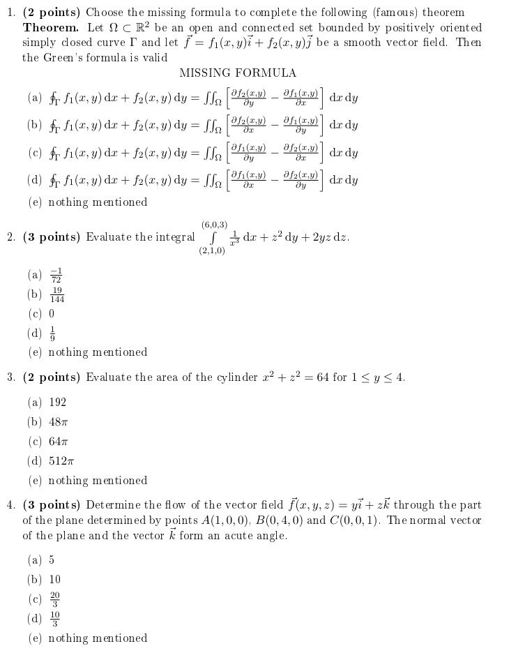 Solved (2 ﻿points) ﻿Choose the missing formula to complete | Chegg.com