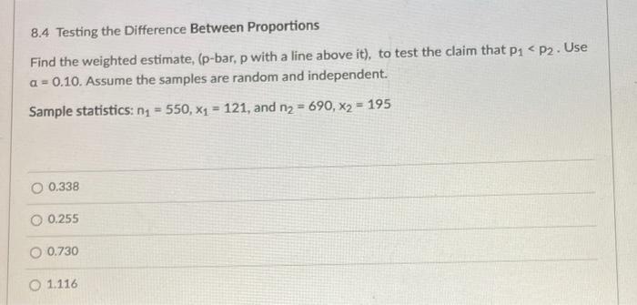 Solved 8.4 Testing the Difference Between Proportions Find | Chegg.com