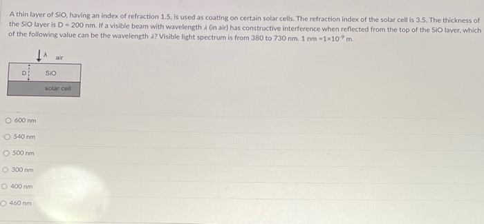 Solved A thin layer of SiO, having an index of refraction | Chegg.com
