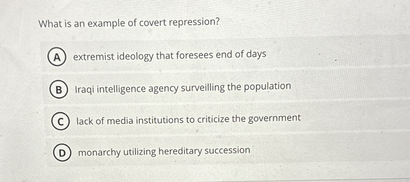 Solved What is an example of covert repression?extremist | Chegg.com