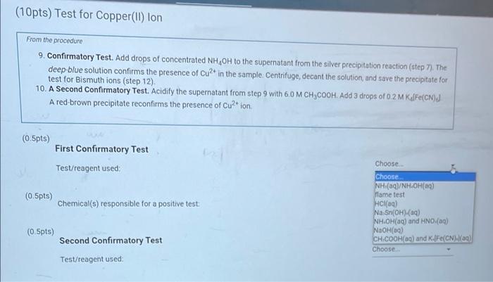Solved (10pts) Test for Copper(II) lon From the procedure 9. | Chegg.com