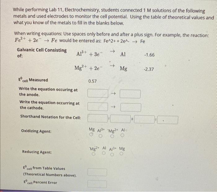 Solved While performing Lab 11, Electrochemistry, students | Chegg.com