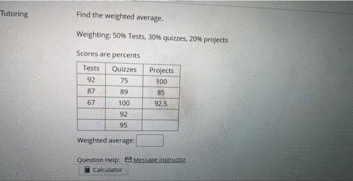 Solved Tutoring Find the weighted average. Weighting: 50% | Chegg.com