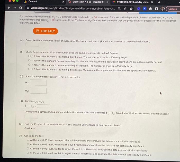 Solved For one binomial experiment, \\( n_{1}=75 \\) | Chegg.com