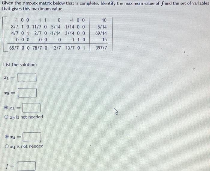 Solved Given the simplex matrix below that is complete. | Chegg.com