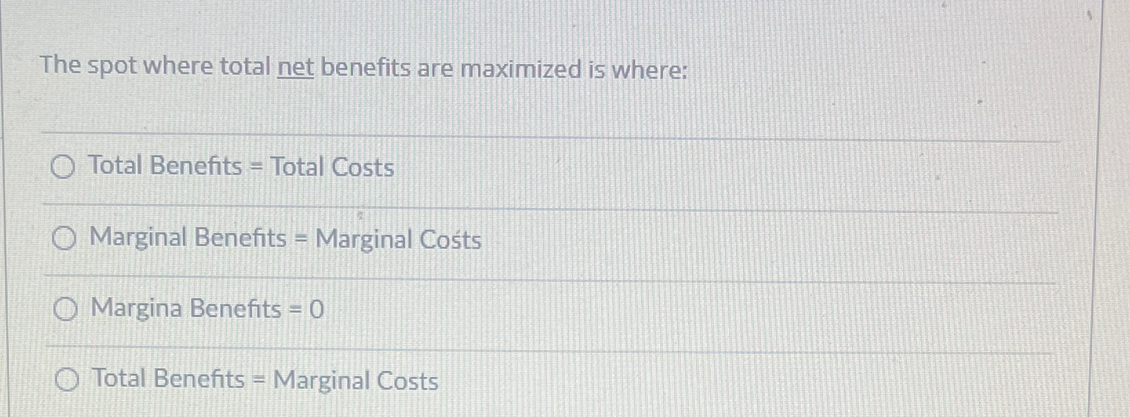 Solved The spot where total net benefits are maximized is | Chegg.com