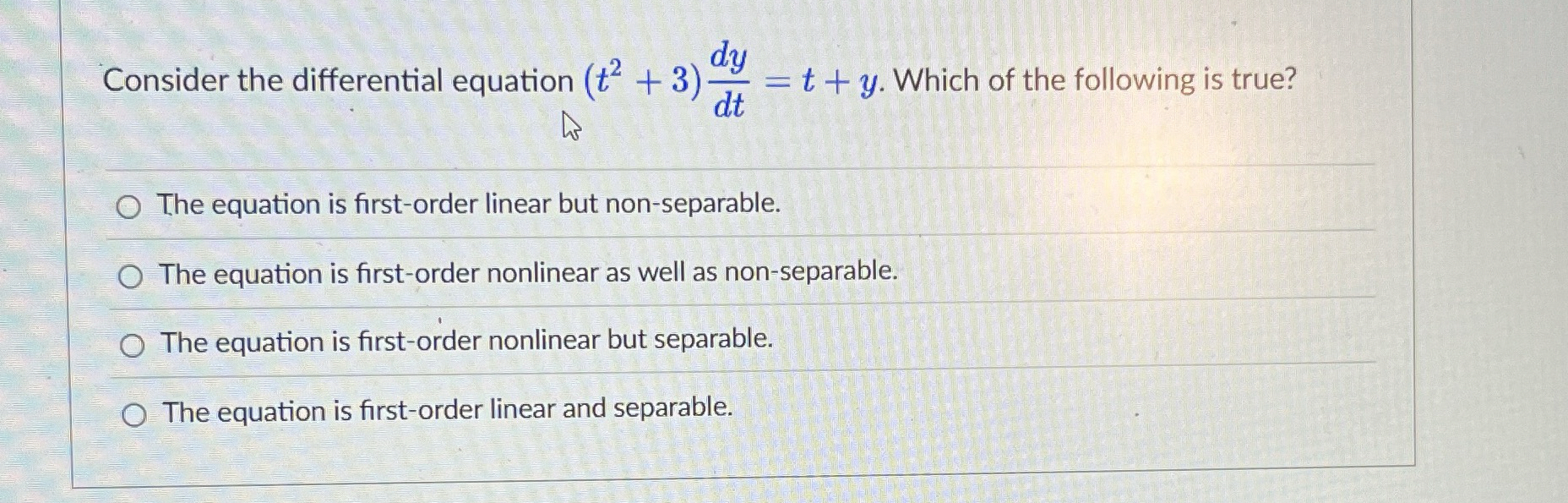 Consider the differential equation (t2+3)dydt=t+y. | Chegg.com