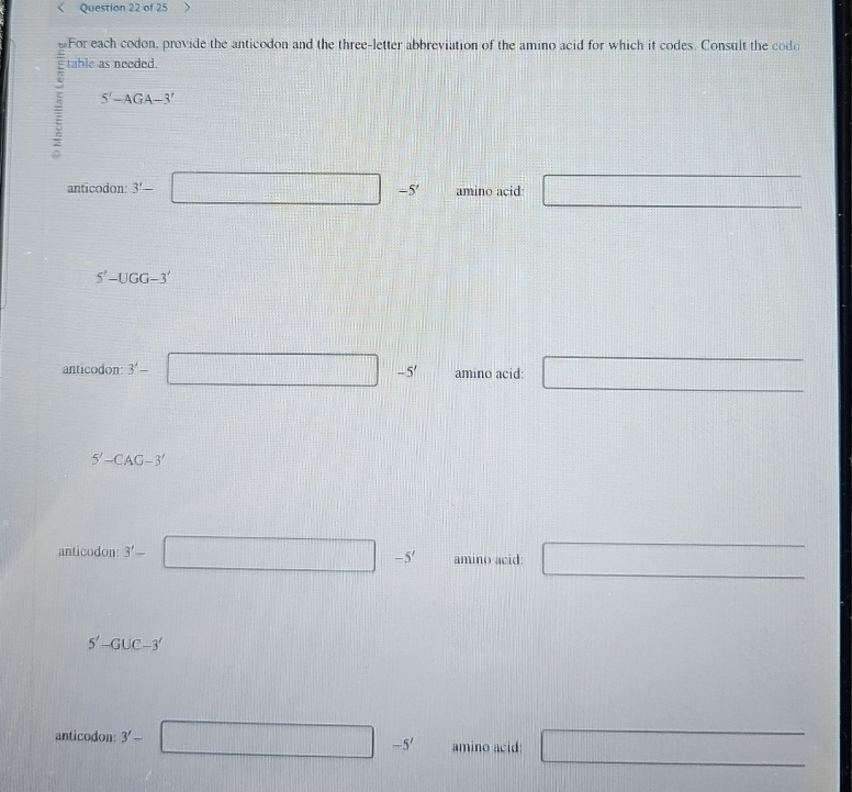 Solved Question 22 ﻿of 25wor each codon. provide the | Chegg.com