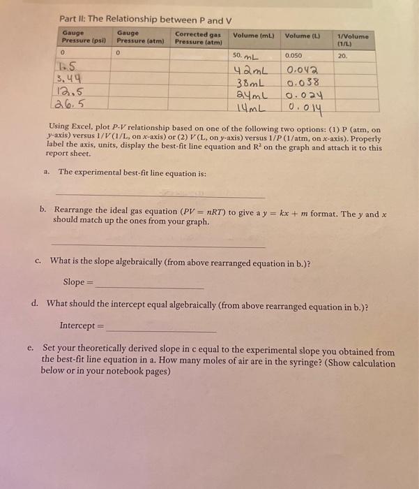 Part II: The Relationship between P and V Using | Chegg.com
